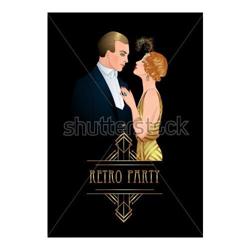 Постер на холсте Плакат в стиле арт-деко с красивой парой в нарядах 1920-х годов на чёрном фоне 30см. x 43см.
