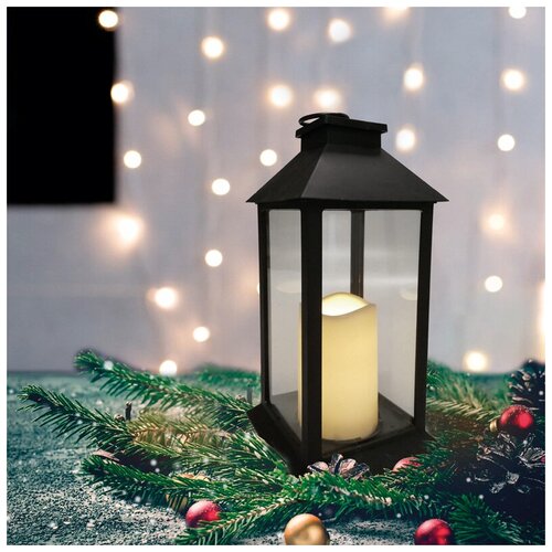 NEON-NIGHT Декоративный фонарь со свечой 14x14x29 см, черный корпус, теплый белый цвет свечения NEON-NIGHT