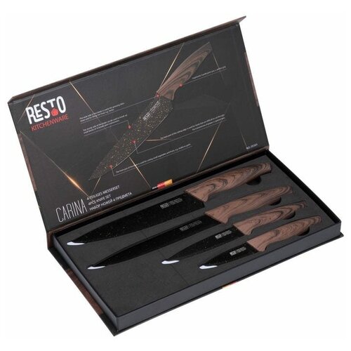 Набор ножей Resto LEO, 4 ножа, ручки под дерево + подарок (точилка для ножей)