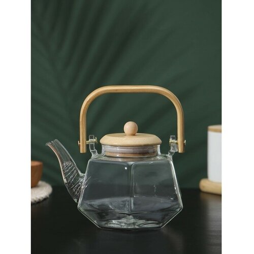 Чайник заварочный стеклянный с бамбуковой крышкой и металлическим фильтром Октогон, 800 мл