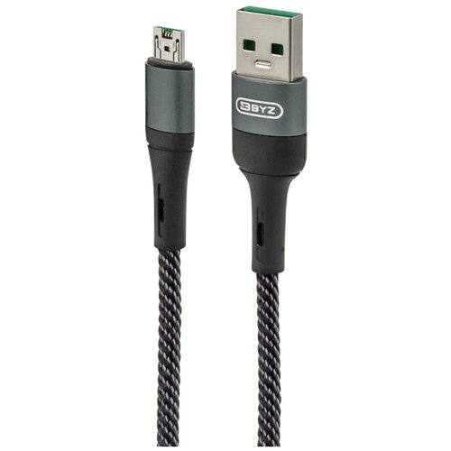 USB-кабель BYZ BC-031m AM-microBM 1.2 метра, 6A, 65W, нейлон, чёрно-серый