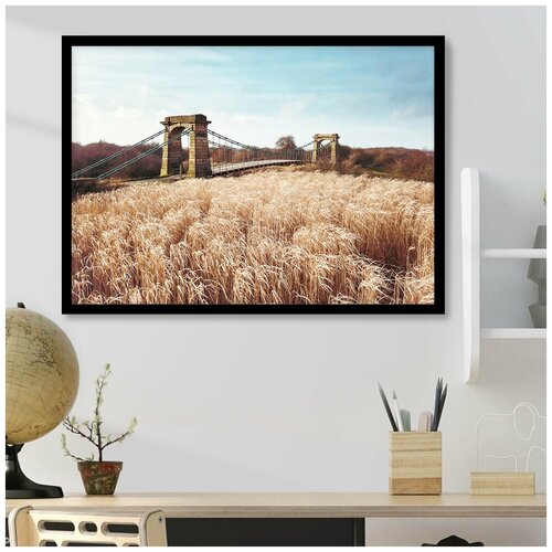 Постер В рамке "Мост, пшеничное поле" 40 на 50 (черная рама) / Картина для интерьера / Плакат / Постер на стену / Интерьерные картины