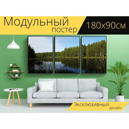 Модульный постер "Вода, лес, швеция" 180 x 90 см. для интерьера