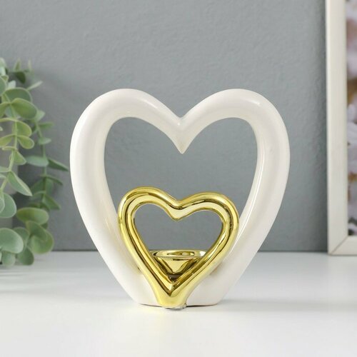 Подсвечник керамика на 1 свечу "Сердце в сердце" белое с золотом 12,7х5,5х12,2 см (комплект из 2 шт)