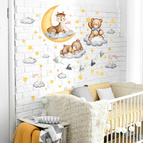 Наклейка интерьерная для дома и декора на стену, дверь, окно для детей, малышей и взрослых. Олень на месяце, медвежонок на облаке.