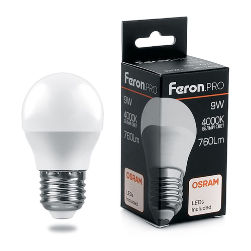 Лампа светодиодная LED 9вт Е27 белый матовый шар Feron.PRO | код 38081 | FERON (4шт. в упак.)