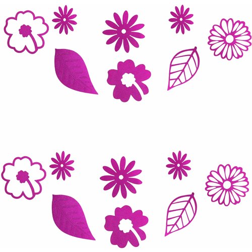Набор ДВА комплекта декоративных украшений Цветы и листья бумажные с блестками, цвет розовый