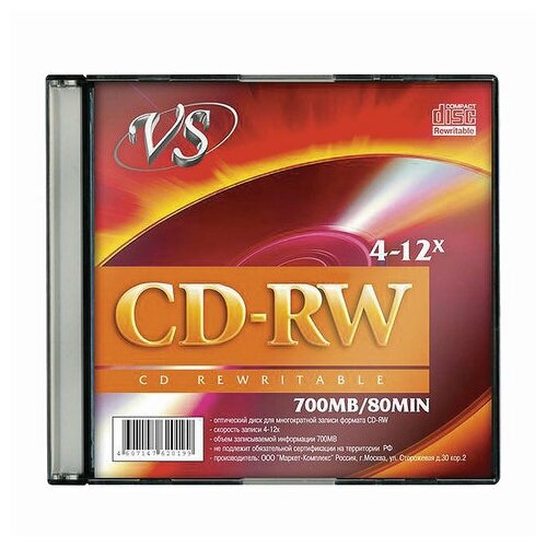 Диск CD-RW VS, 700 Mb, 4-12x, Slim Case (1 штука), VSCDRWSL01