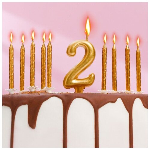 Набор свечей для торта (2 в 1) золотая Цифра "2" + Свечи "С Днём Рождения" золотые 10 шт