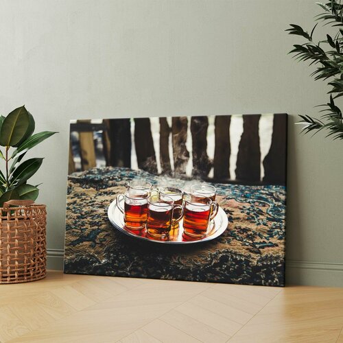 Картина на холсте (Два стакана чая на тарелке на столе) 20x30 см. Интерьерная, на стену.