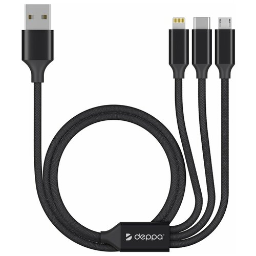 Дата-кабель Deppa 3 в 1: micro USB, USB-C, Ligthning, алюминий, 1.2м, черный
