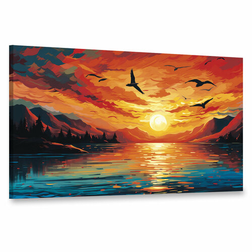 Интерьерная картина 100х60 "Пейзаж с рассветом и птицами в полете"