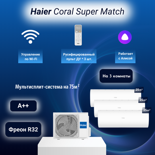 Мультисплит-система Haier Coral Super Match 3*AS25PS1HRA-M / 4U75S2SR5FA на 3 комнаты 25+25+25 м2