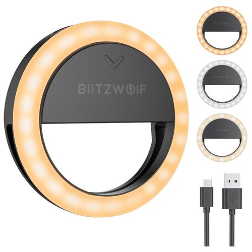Светодиодный круговой светильник для палки-селфи BlitzWolf BW-SL0 Pro Clip-on Ring Fill Light 600mAh 1000 Lumens Black