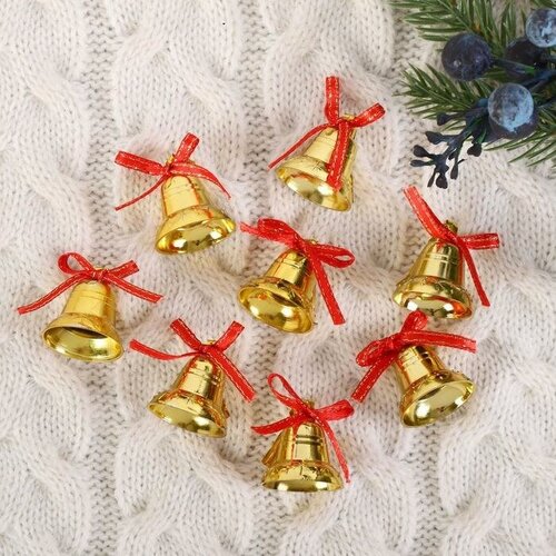 Украшение ёлочное "Колокольчики с бантиком и снежинками" (набор 8 шт) 2 см, красно-золотой, 2 штуки