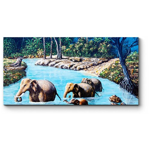 Модульная картина Семья слонов переправляется через реку 40x20