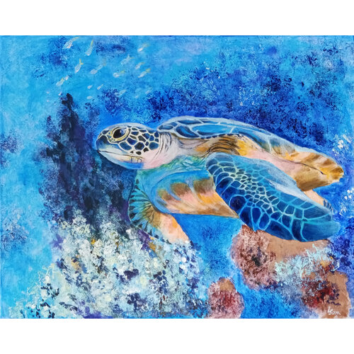 Голубая картина акрилом "Большая морская черепаха", 40х50 см