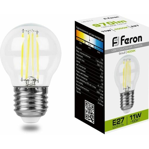 FERON Лампа светодиодная, 11W 230V E27 4000K прозрачная, LB-511 38016