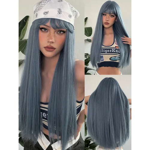 Парик женский плешоп длинный с челкой, прямые, из искусственных волос, косплей, парик голубой, 62 см