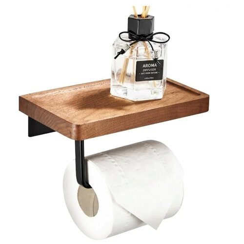 Коричнево-черный Держатель для туалетной бумаги с полочкой, деревянный