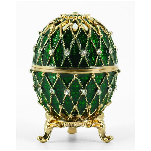 Шкатулка Яйцо в стиле Фаберже узор "Сетка" 7,5 см Зеленая / Золотистая