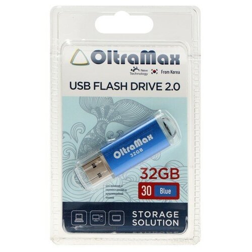 Флешка OltraMax 30, 32 Гб, USB2.0, чт до 15 Мб/с, зап до 8 Мб/с, синяя