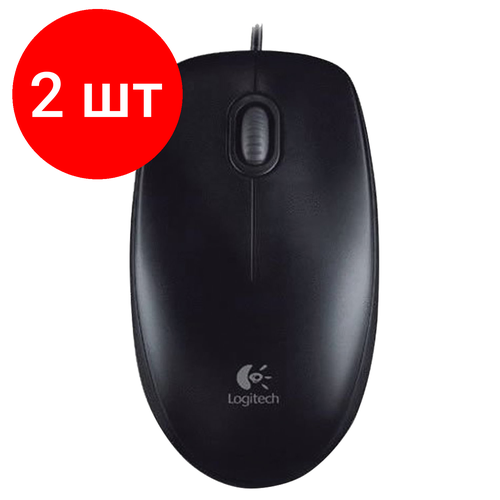 Комплект 2 шт, Мышь проводная LOGITECH B100, USB, 2 кнопки + 1 колесо-кнопка, оптическая, черная, 910-003357