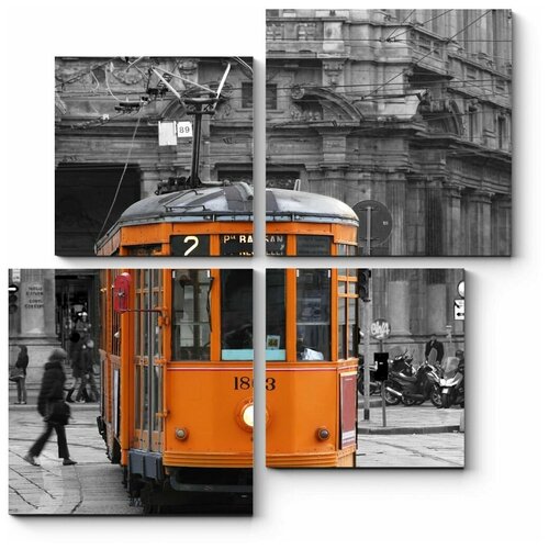 Модульная картина Оранжевый трамвай на сером городском фоне80x80
