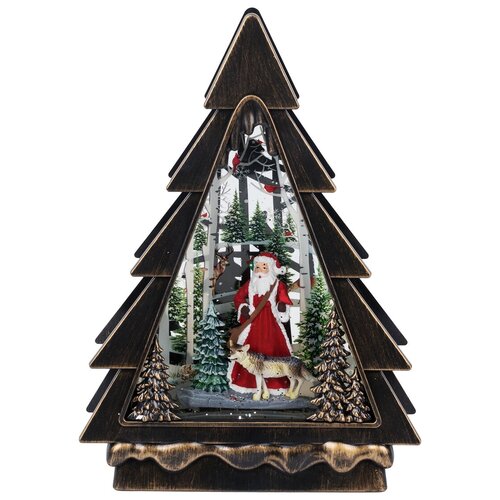 Новогодний сувенир- "Коричневая ёлка с Дедом Морозом и волком у ёлочки", музыкальный LED, 2 режима, USB, 3*АА, 20*28 см