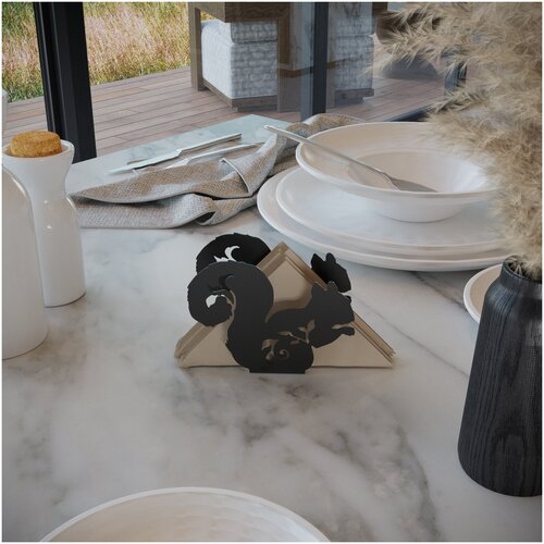 Металлическая кухонная салфетница на стол TEMPACHE "Белка", держатель для салфеток настольный для кухни и столовой, 90х116х50 мм, черная 1 шт.