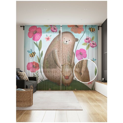 Тюль для кухни и спальни JoyArty "Мама медведица и медвежонок", 2 полотна со шторной лентой шириной по 145 см, высота 265 см.