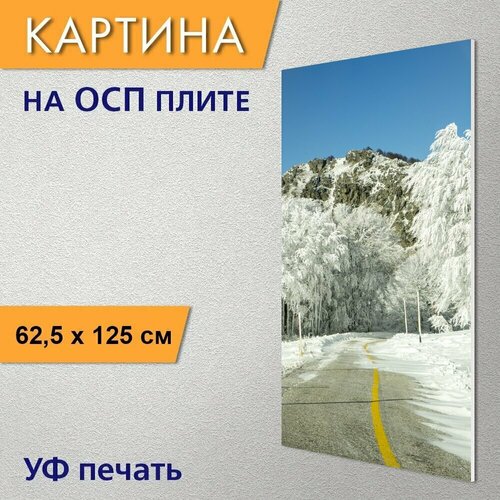 Вертикальная картина на ОСП "Зима, деревья, снег" 62x125 см. для интерьериа