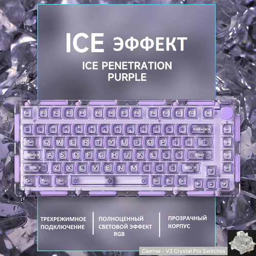 Механическая беспроводная прозрачная клавиатура Monsgeek ICE 75, 75%, Hotswap, RGB, Английская раскладка, фиолетовый