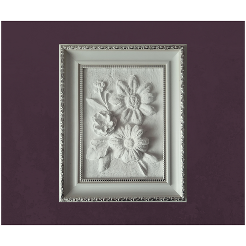 Барельеф ручной работы белый в раме 31,5х25,5 см, цветочное панно, подарок женщине