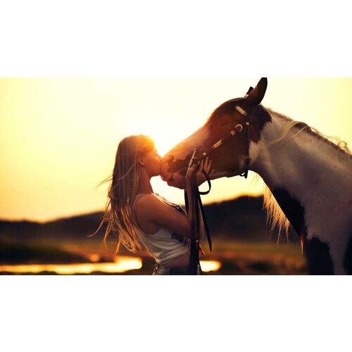 Картина на холсте 60x110 LinxOne "Horse дружба закат лошадь девушка" интерьерная для дома / на стену / на кухню / с подрамником