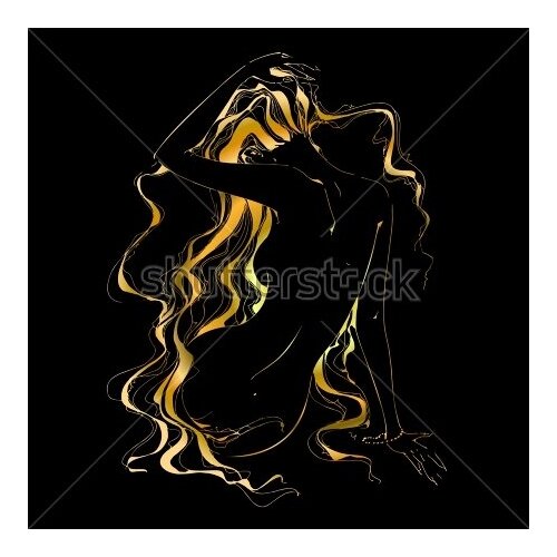 Постер Силуэт обнажённой девушки с длинными золотыми волосами 60см. x 60см.