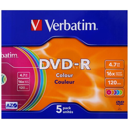 Оптический диск DVD-R VERBATIM 4.7Гб 16x, 5шт, slim case, разноцветные [43557]