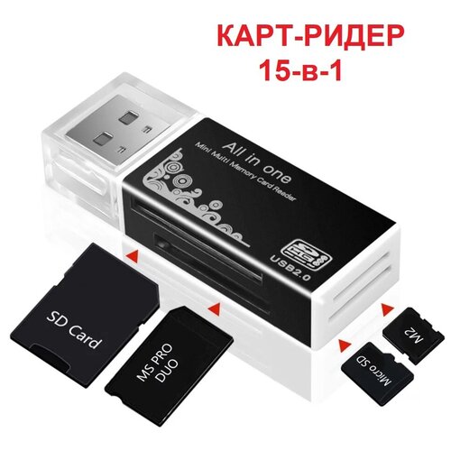Карт-ридер 15-в-1 Rapture 480, USB, SD, MMC, RS-MMC, Mini-SD, T-Flash/MicroSD, MS/MS Pro, MS DUO/MS PRO DUO, M2, цвет ассортимент