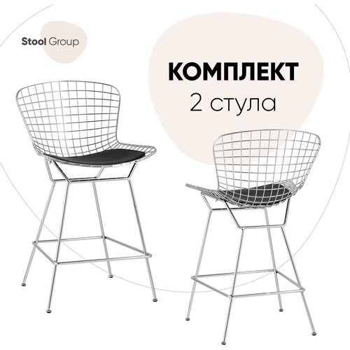 Стул полубарный с низкой спинкой Bertoia, хромированный, с черной подушкой(комплект 2 шт)