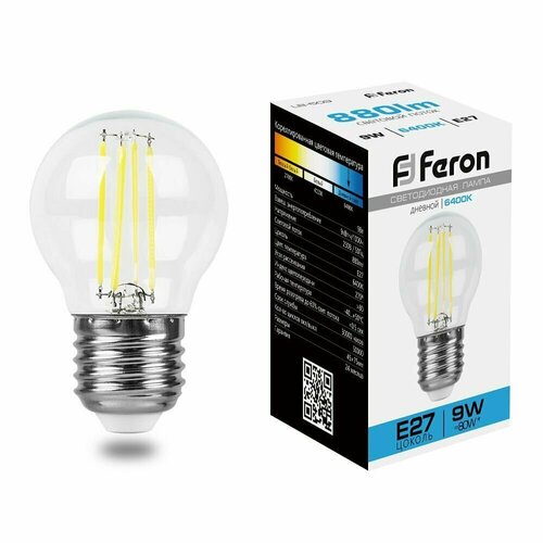 Лампа светодиодная филаментная Feron E27 9W 6400K прозрачная LB-509 10 штук В комплекте