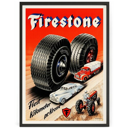Большой автомобильный постер на стену автомобильные шины Firestone 1950 год 90 x 60 см в тубусе