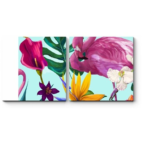 Модульная картина Цветочный узор с фламинго150x75