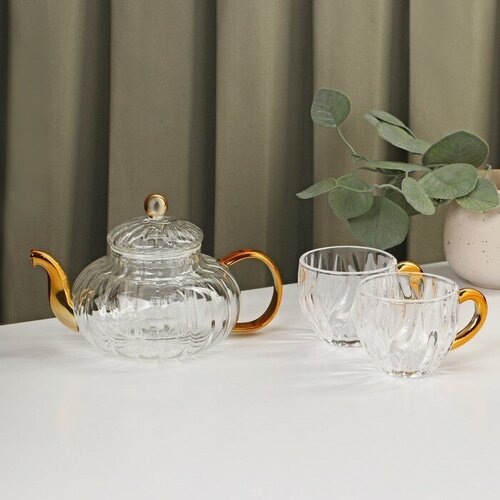 Набор чайный из стекла "Диана в золотом", 3 предмета: чайник 550 мл, 18х13х12 см, кружка 150 мл, 7х6,5 см 9346711