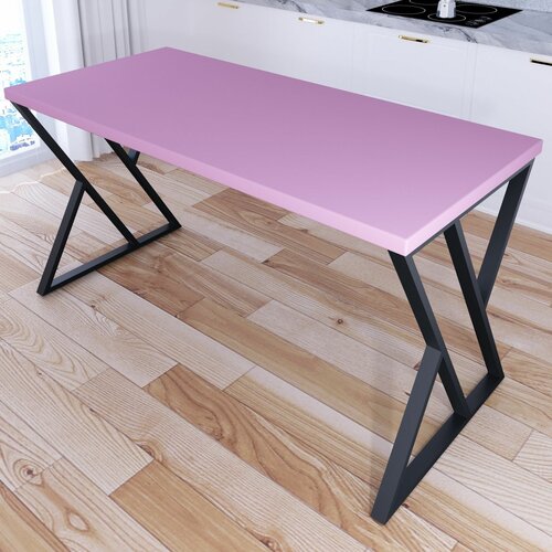 Стол кухонный Loft со столешницей розового цвета из массива сосны 40 мм и черными металлическими Z-образными ножками, 140х70х75 см