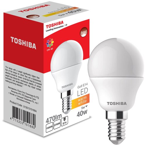 Лампа светодиодная "Toshiba", теплый свет, цоколь E14, 5W. 1301315168A