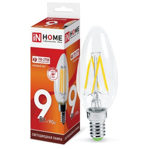 Упаковка светодиодных ламп 10 шт. IN HOME LED-СВЕЧА-deco, E14, C37, 9 Вт, 6500 К