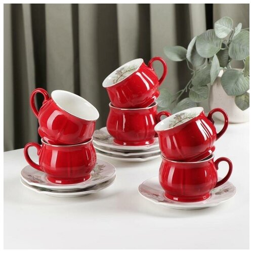 Сервиз чайный "Шишечки", чашка 200 мл, блюдце d-14,5 см, цвет красный