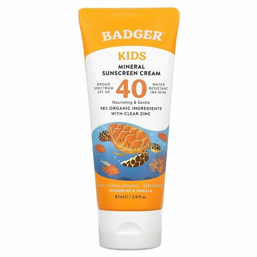 Badger Kids Солнцезащитный крем детский SPF 40 для кожи лица рук ног тела, защита от солнца, натуральный увлажняющий дневной уход. мандарин и ваниль, 87 мл