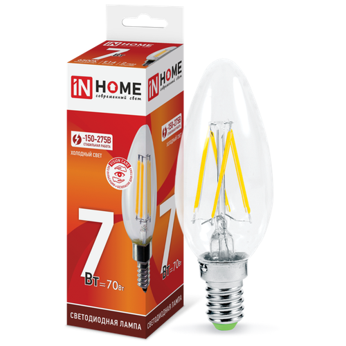 Упаковка светодиодных ламп 10 шт. IN HOME LED-свеча-deco, E14, 7 Вт, 6500 К