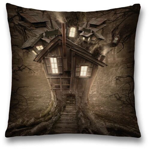 Наволочка декоративная на молнии, чехол на подушку JoyArty "Дом-дерево с привидениями" 45х45 см